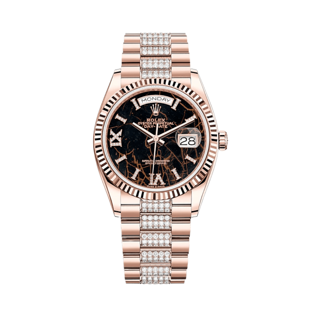 Rolex Day-Date 128235 Rose Gold Eisenkiesel Diamond Dial – Mavani & Co