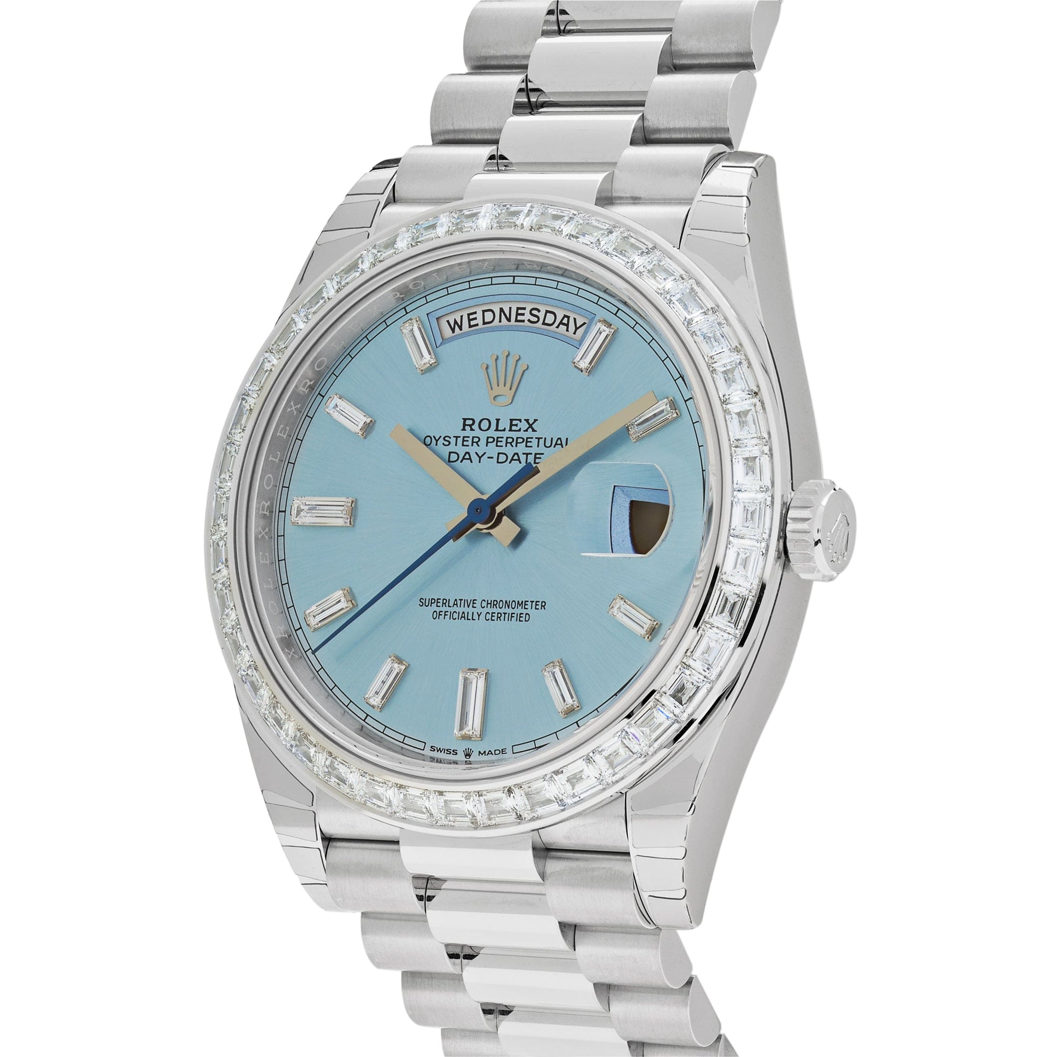 Rolex Day-Date 228396TBR Platinum Diamond Bezel Ice Blue Diamond Dial ...